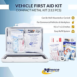 MFASCO Vehicle First Aid Kit - Compact Metal Kit - Portable & Mountable - Safety Kit for Commercial Vehicles & Workplace - DOT ANSI OSHA Compliant - Includes 112 Pcs Work Essential First Aid Supplies