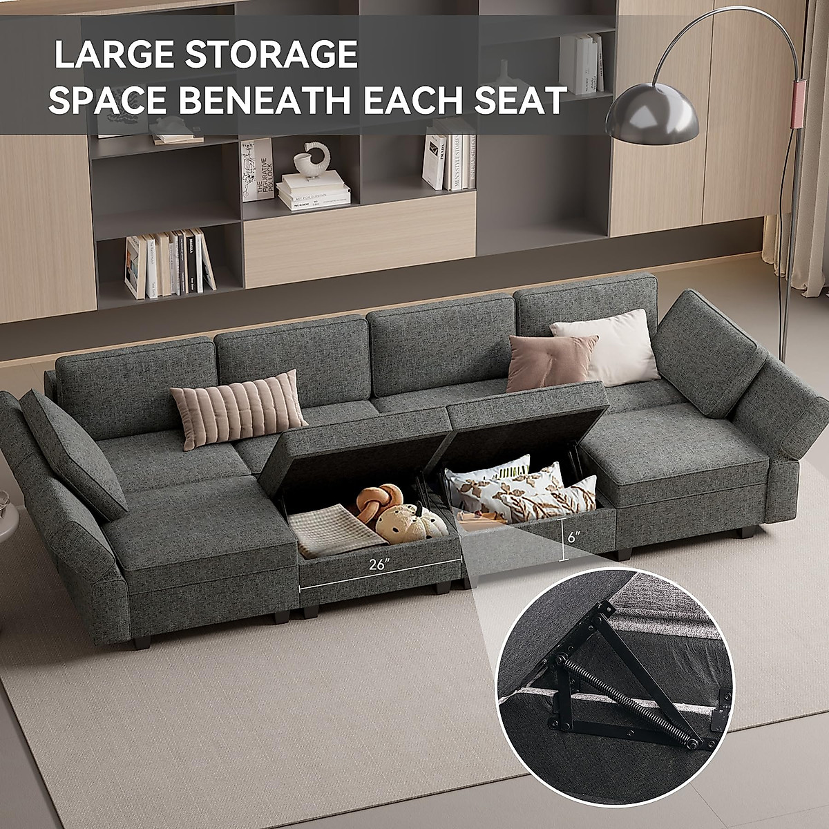 Modular Sectional Sofa, Convertible Middle Seat Sectional Couch with Storage, Reversible 1 Seat Modular Sofa Couch for Living Room, Fabric & Soft Supportive, Dark Grey