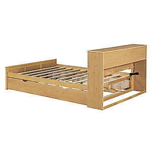 HoRunzelin Full Size Pltaform Bed with Storage Drawers,Twin Trundle,Bookshelf Headboard,Charging Station,Solid Wood Captains Bed with Shelves for Kids Boys Girls Teens, Natural