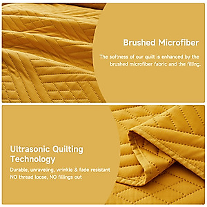 Lavsiry Mustard Yellow Quilt Queen Size with Striped Pattern, Lightweight Soft Summer Thin Microfiber Bedspread & Coverlet Bedding Set for All Seasons - 3 Piece(1 Quilt, 2 Pillow Shams)