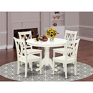 HomeStock Country Cottage 5 Piece Dining Room Table Set Includes a Round Kitchen Table with Pedestal and 4 Dining Chairs, 42x42 Inch, Linen White Finish