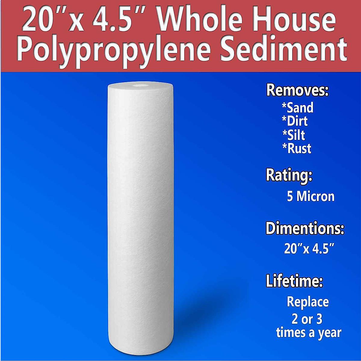 Whole House Water Filtration System, Big 20 x 4.5" Housing, 5 Micron Sediment Filter Cartridge & Mounting Hardware Included! (20 Inches)