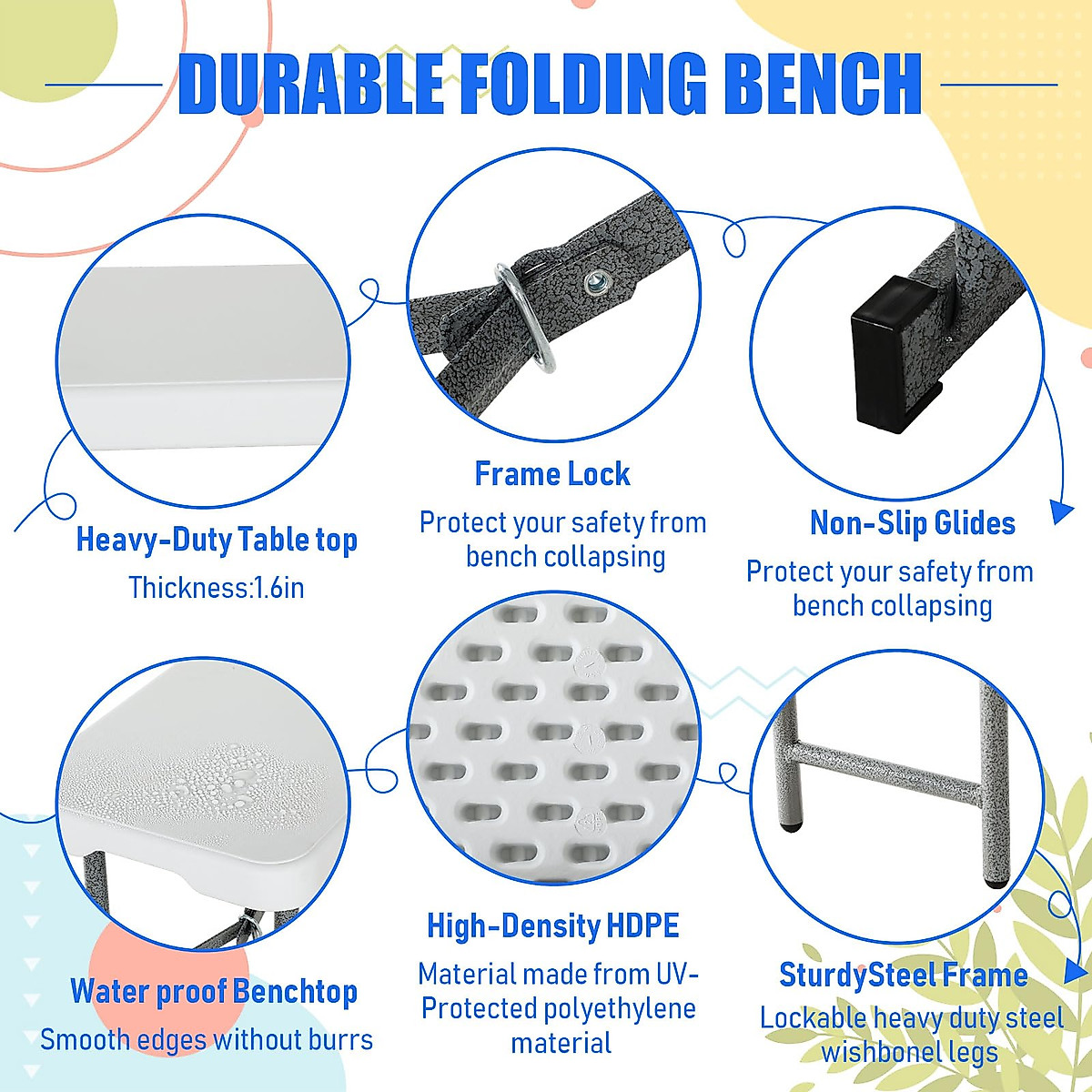 Soaoo 6 Pack 6ft Plastic Folding Bench Portable Outdoor Bench White Foldable Bench Seating with Carrying Handle for Indoor Outdoor Backyard Camping Picnic Dining Party