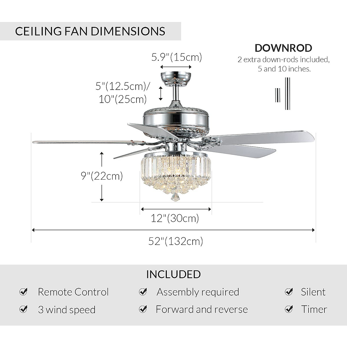 NOXARTE 52 inch Crystal Ceiling Fan with Lights, Modern Chrome Chandelier Ceiling Fan, Quiet Motor, 5 Reverse Wood Blades Crystal Fandelier Ceiling Fan Light Kit for Bedroom Living Dining Room