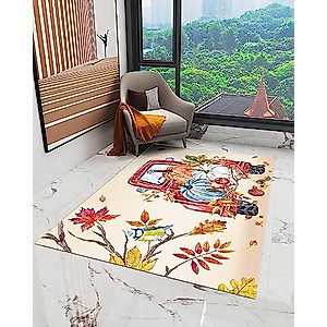 Thanksgiving Fall Large Rectangular Area Rugs 5' x 7' Living Room, Durable Non Slip Rug Carpet Floor Mat for Bedroom Bedside Outdoor Farmhouse Red Truck Pumpkin Leaves Autumn