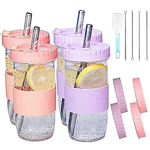 Zrlljp Reusable Boba Cup Bubble Tea Cup 4 Pack, 24Oz Wide Mouth Smoothie Cups with Lid,Silicone Sleeve & Angled Wide Straws, Leakproof Glass Mason Jars Drinking Boba Cup Travel Tumbler for Large Pearl