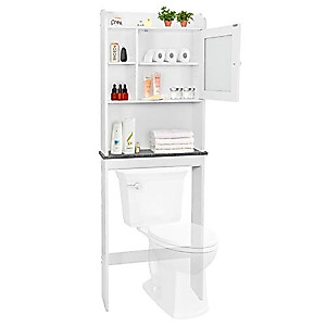 ZenStyle Over The Toilet Storage Cabinet Wood Bathroom Spacesaver Storage Organizer with Adjustable Shelves, Tempered Glass Door and Cubby, Soft White