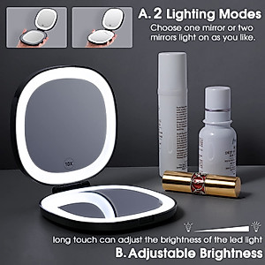 KEDSUM Lighted Travel Makeup Mirror, 1X/10X Magnifying Compact Mirror with Rechargeable LED Lights, Dimmable Double Sided Folding Mirror, Portable, Large, Daylight, USB Charging (Black)