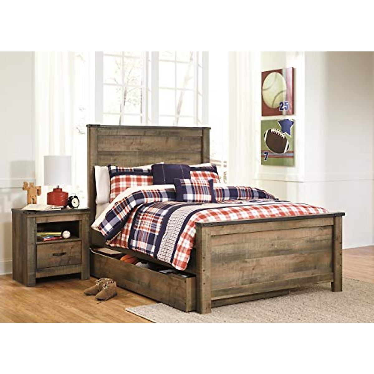Signature Design by Ashley Trinell Rustic 1 Drawer Nightstand with USB Charing Stations, 26.22" Tall, Warm Brown