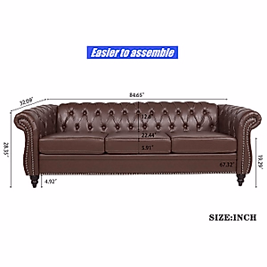 VENYAA Higher Quality and Stronger 84.65" PU 3 Seater Sofa Couch with Enhanced Legs and Rolled Arm for Living Room Office, Thickened Reinforced 3 Seater Leather Couch (Easier To Assemble) (Dark Brown)