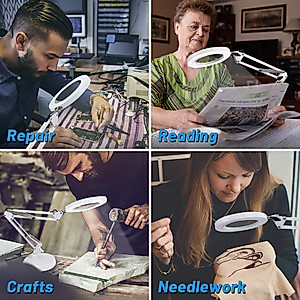 Magnifying Glass with Light and Stand,Adjustable Swing Arm LED Magnifying Light 5-Diopter Glass Lens,3 Color Modes Stepless Dimming-5X, for Close Work, Repair, Crafts, Reading,Sewing-White