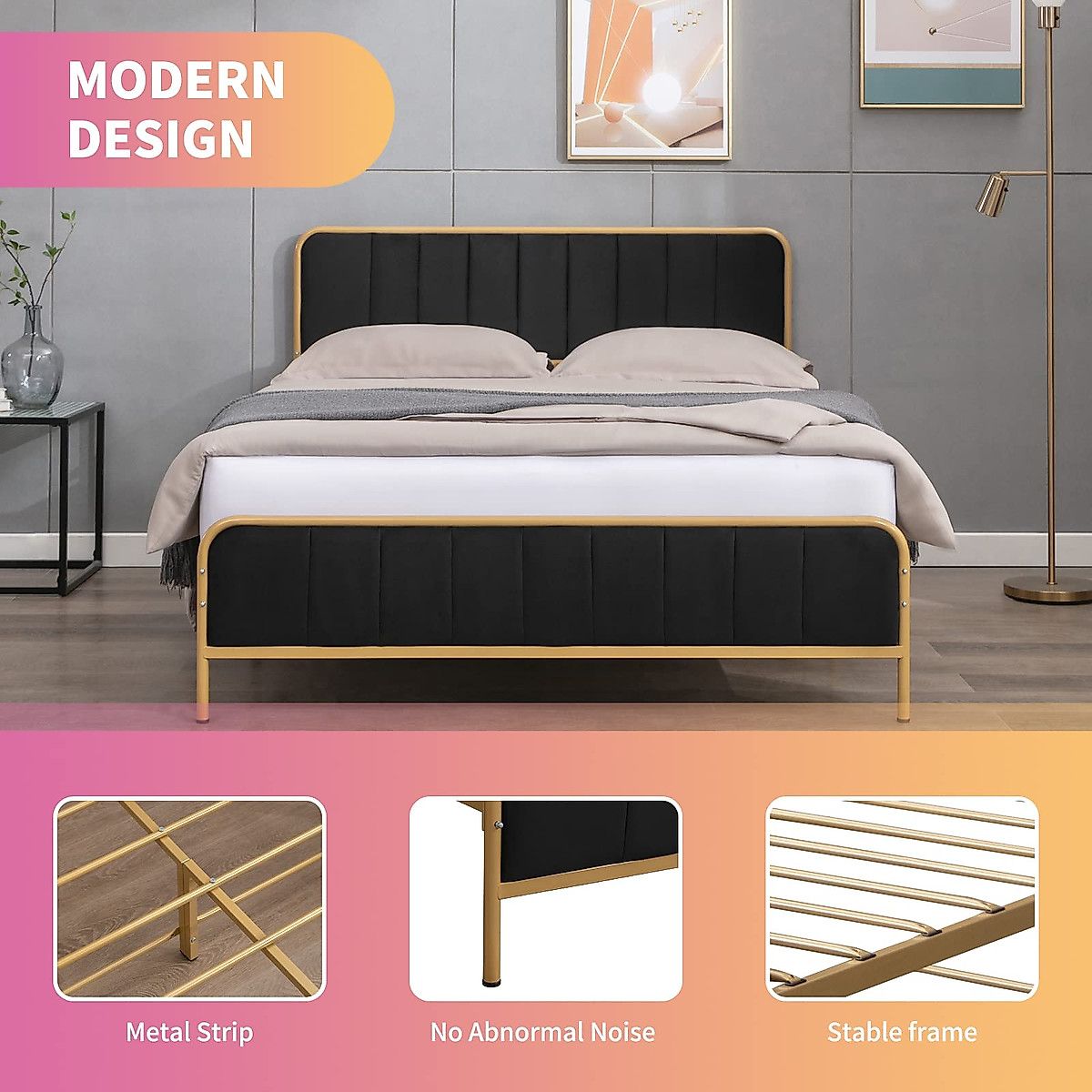 Mixoy Cal King Metal Bed Frame, Velvet Platform Bed Frame with Headboard, Heavy Duty Metal Mattress Foundation, Strong Metal Slat Support, No Box Spring Needed, Easy Assembly (Cal King,Golden/Black)