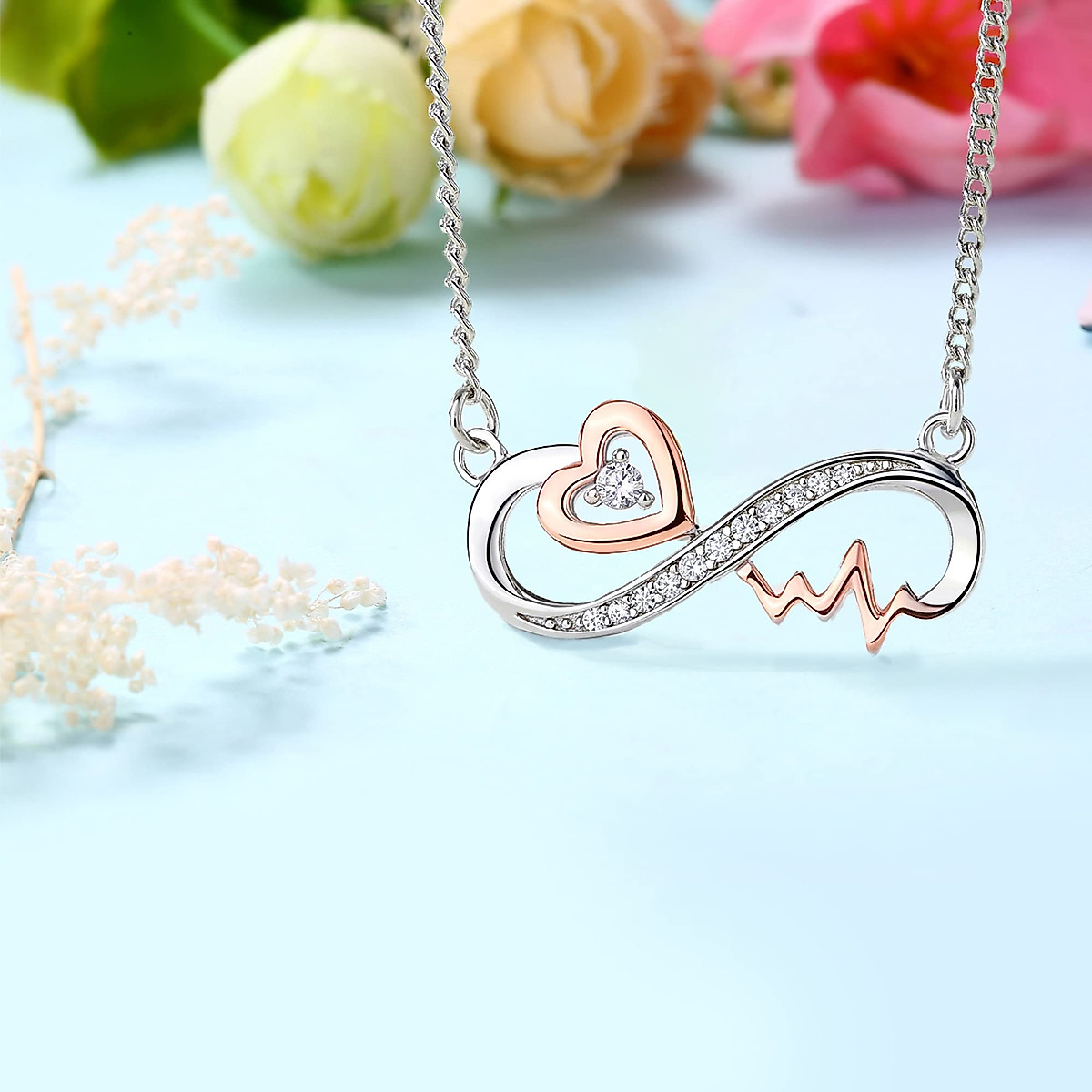Forever Love Heart Rose Gold 925 Sterling Silver Rn Practitioner Nurse Infinity Heartbeat Pendant Necklaces for Women Nursing Graduation Jewelry Wife Girlfriend Valentine Mother Day Christmas Gifts