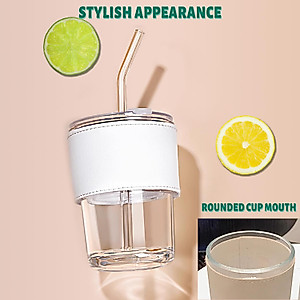 QINSLONY Iced Coffee Cup, 13oz Glass Tumbler with Lid and Glass Straw, Thick Wall Water Cup, Reusable Coffee Tumbler Sealed Carry on, Glass Coffee Mug with Leather Sleeve