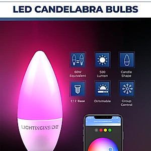 Smart Candelabra LED Bulbs, 60 Watt Equivalent, 6W 500lm, E12 LED Bulbs Work with Alexa and Google Home, 2700-6500K+RGB, APP Control, No Hub Required, Timer, Group Control, 2.4GHz WiFi Only, 6PCS