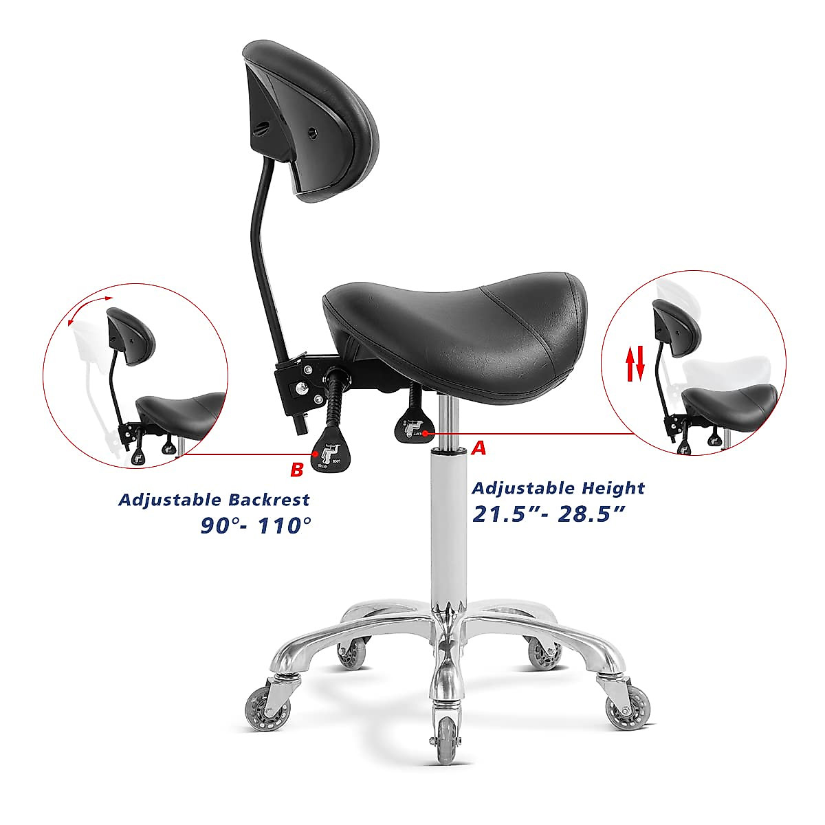 Saddle Stool Rolling Chair with Back Support,Esthetician Tattoo Dental Stool Chair,Lash Chairs for Eyelash Tech Massage Salon(Black,with Backrest)