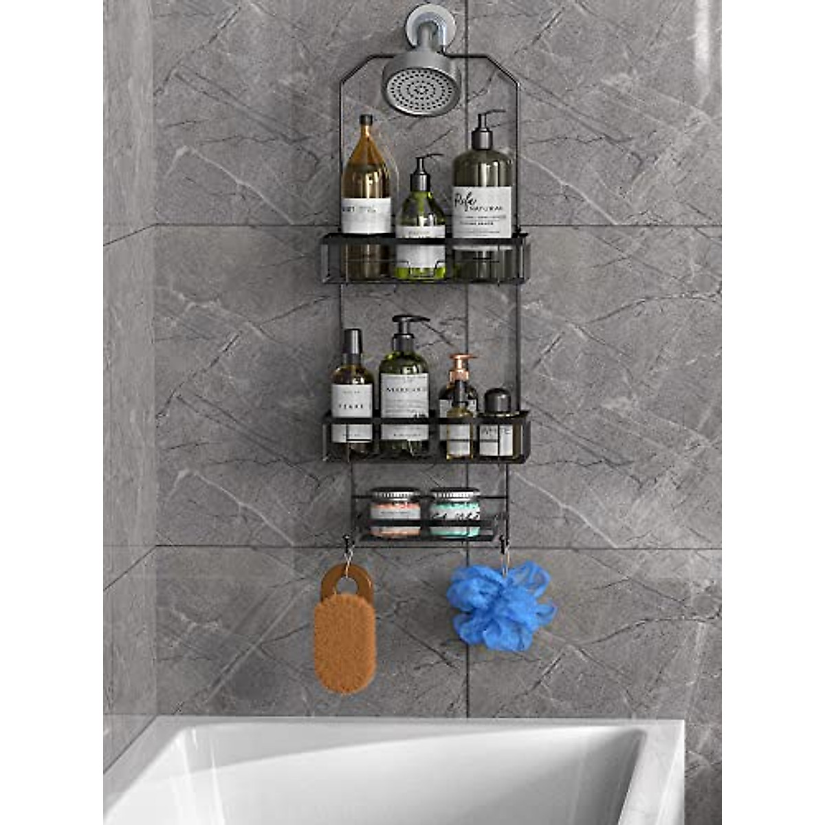 Elbourn Shower Caddy Over Shower Head, Bathroom Hanging Shower Organizer with Hooks, SUS201 Stainless Steel Shower Storage Rack 3 Shelves for Shampoo, Soap and Razor - Black