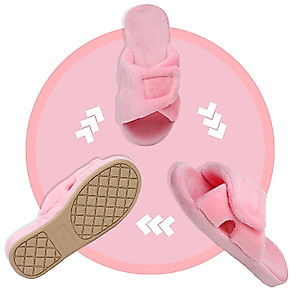 Women's Adjustable Diabetic Slippers Memory Foam House Shoes Cozy Arch Support Orthotic Heel Cup Arthritis Edema Slippers Non Slip Rubber Sole, Open Toe Fuzzy Slide Sandals for Ladies., Pink 6.5/7.5