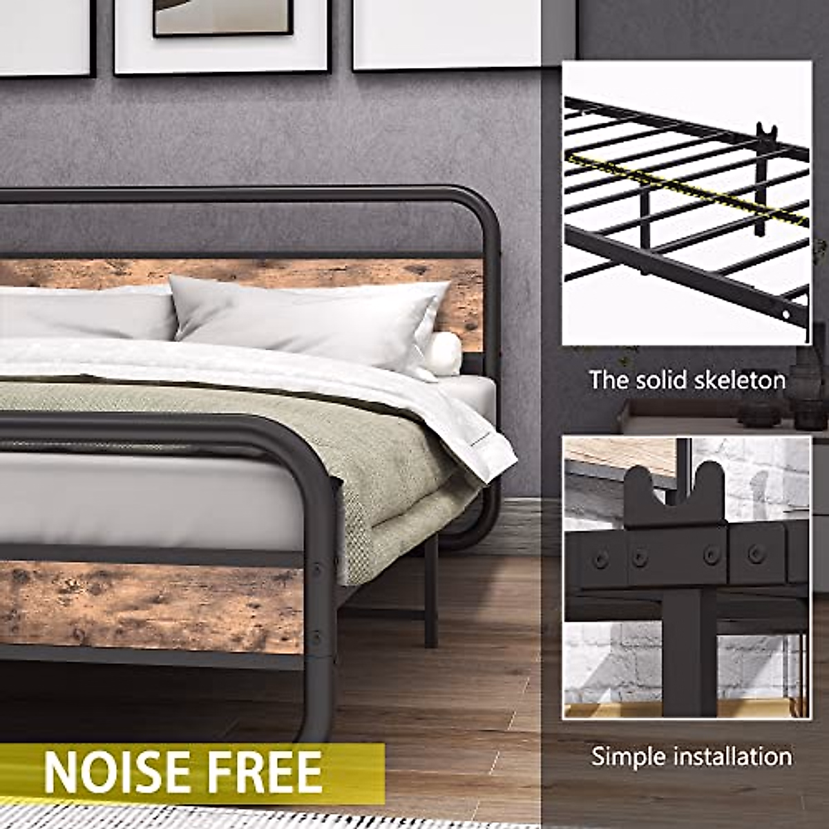 Albearing Queen Size Bed Frame with Wooden Headboard and Footboard, Heavy Duty Oval-Shaped Platform Bed with Under-Bed Storage, Steel Slats Mattress Foundation Round Pipe Design，Brown