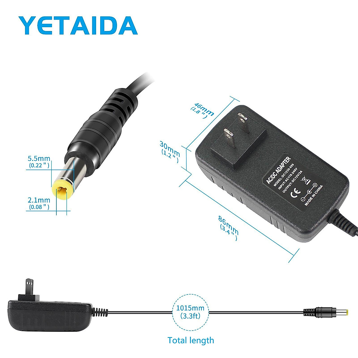 12V 3A Power Supply Adapter, Yetaida Wall Mounted AC 110-240V to DC 12V Transformers, Switching Power Supply for 12V LED Strip Lights,12 Volt 3 Amp Power Adaptor with 5.5 x 2.5mm US Plug