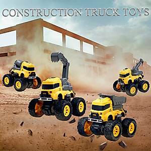 Construction Truck Toys - 4 Pack Excavator, Mixer, Crane, Dump Trucks Push and Go Friction Powered Cars Monster Stunt Vehicles Playset Kids Birthday Party Favors Gifts for 3+ Year Old Boys Girls