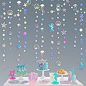 40 Ft Iridescent Mermaid Garland with Jellyfish Seashell Starfish Pearl Holographic Paper Streamer for Little Mermaid Rainbow Theme Birthday Bachelorette Baby Shower Under The Sea Party Decorations