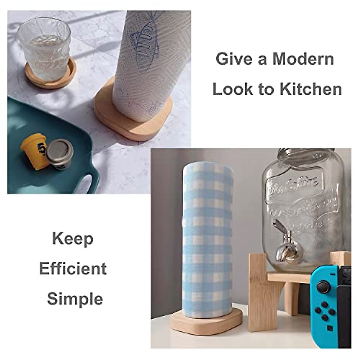 HUAJIE BienStylife Paper Towel Holder, Wooden Base Kitchen Paper Hanger Rack Bathroom Towel Roll Stand Organizer Countertop Wooden Paper Towel Holder (Natural Wood), WDH-001