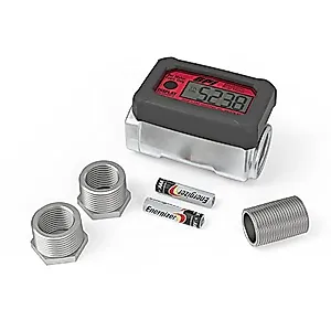 GPI 113255-1, (GALLONS) 01A31GM Aluminum Turbine Fuel Flowmeter with Digital LCD Display, 3-30 GPM, 1-Inch FNPT Inlet/Outlet, 0.75-Inch Reducer Bushings, ±5% Accuracy