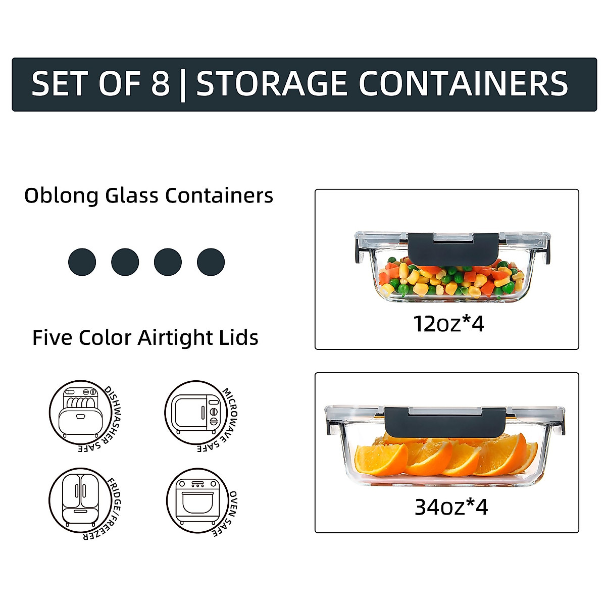 YANGNAY 8 Pack Glass Food Storage Containers, Glass Meal Prep Containers with Airtight Lids, Dishwasher/Freezer Safe Glass Containers, 2 sizes