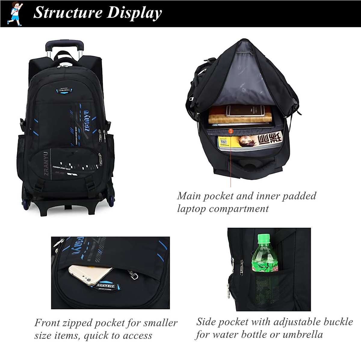 Teens Boys Middle High School Trolley Rolling Backpacks Capacity Wheeled Bookbag School Bags with Six Wheels