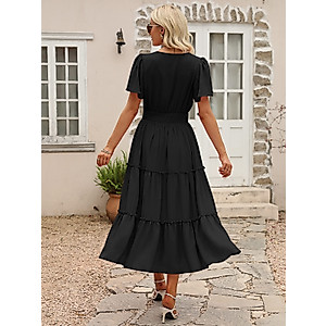 LILLUSORY Womens Cute Pleated Cotton Fancy Midi Dresses 2023 Summer Little Black Ladies Elegant Linen Curvy Short Ruffle Sleeves Flowy Tiered Long Maxi Dress