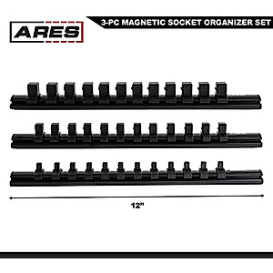ARES 60053-3-Piece Black Magnetic Socket Organizer Set - Aluminum Rails Store up to 12 Sockets Each and Keep Your Tool Box Organized