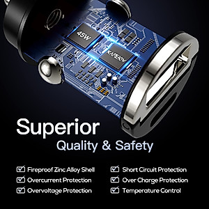 USB C Car Charger, PD 45W & QC 45W Fast Charging Cigarette Lighter USB Charger Adapter [Super Small, Flush Fit, Metal] Compatible with iPhone 14 13 12 Samsung Galaxy S22 21 20 Pixel