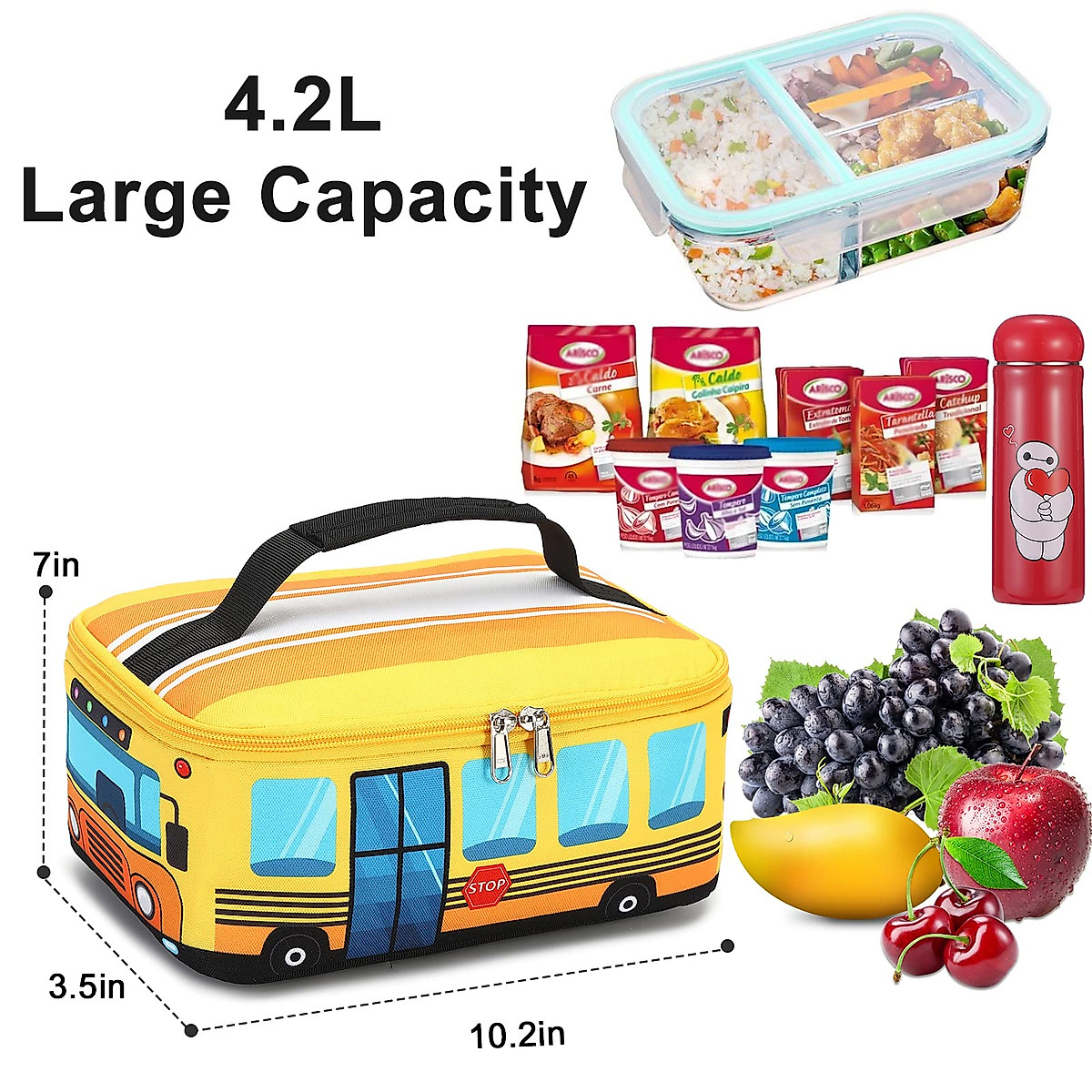 LEDAOU Lunch Box Kids Boys Girls Cute Insulated Lunch Box Reusable Lunch Bag Meals Tote Lunchbox for School Picnic Travel (Bus Yellow)