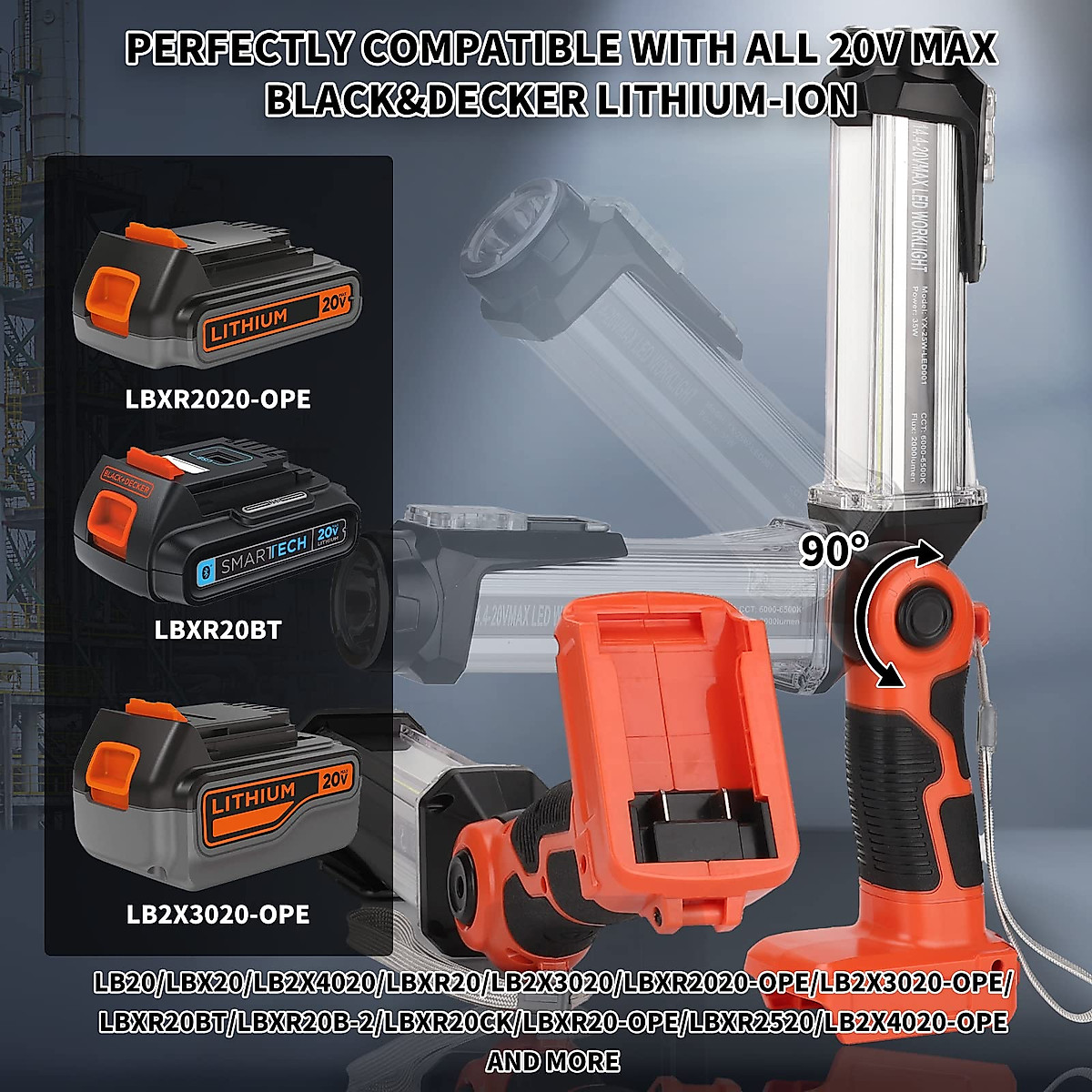 Taingwei 2000LM LED Work Light for black and decker 20v lithium battery, 25W Flashlight for Camping, Car Repairing, Emergency and Job Site Lighting