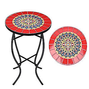 VCUTEKA Mosaic Outdoor Side Table - Small Patio Table Coffee Table Outside Accent Table Round End Plant Table for Bistro Balcony Porch Outdoor Benches 14'' Mosaic Table Red