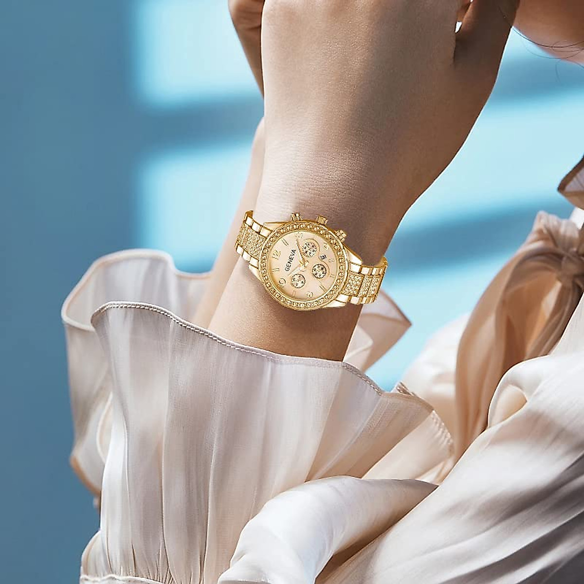 Luxury Unisex Crystal Diamond Watches Quartz Digital Calendar Rose Gold Silver Stainless Steel Watch (Gold)