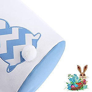Cootato Easter Bunny Basket Bags for Kids, Stripe Rabbit Pattern Egg Basket Hunt Bags Personalized Canvas Cotton Bucket with Fluffy Tail for Easter Eggs, Candy, Gift (Blue)