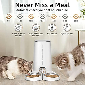 ROJECO Automatic Cat Feeders for 2 Cats, 4L Cat Food Dispenser with APP Control, Double Stainless Steel Bowls, Dual Power Supply and Low Food Alarms, 2.4GHz Wi-Fi Enabled Pet Feeder for Cats and Dogs