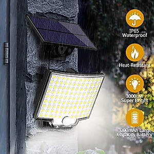 Solar Lights Outdoor, 106 LED 3000LM Solar Powered Motion Sensor Flood Lights with Remote, Dusk to Dawn Led Solar Security Wall Lights with 16.5Ft Cable IP65 Waterproof for Outside, Garage, 2 Pack