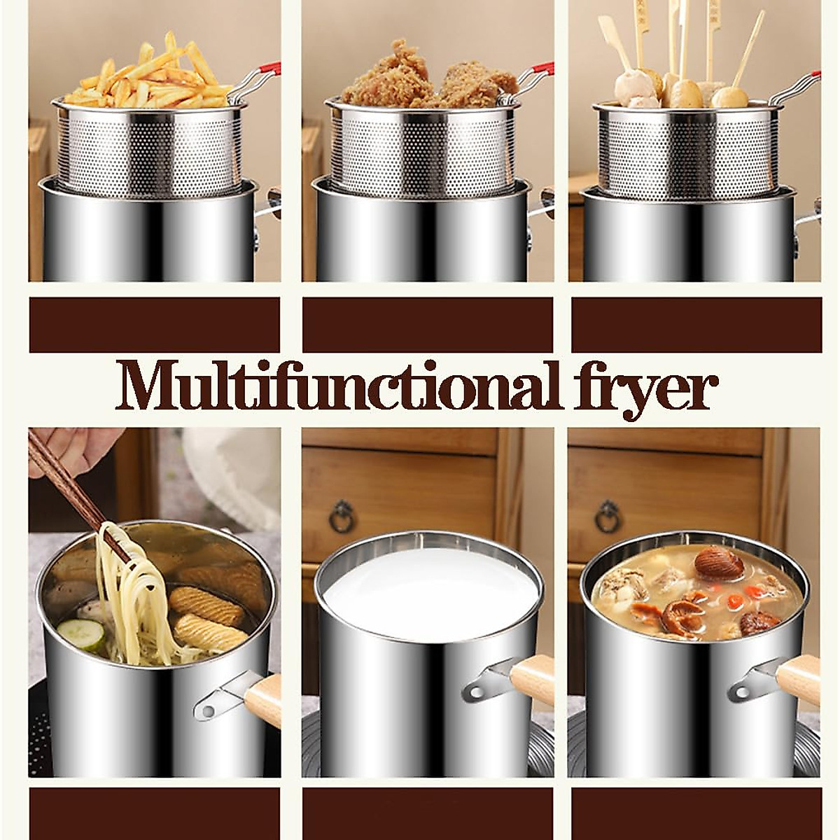 Deep Fryer Pot 304 Stainless Steel Frying Pan with Strainer Basket and Handle,Japanese Tempura Fryer Deep Fryers Frying Pot for Frying Fish Shrimp Chicken and Fries (Silver-1)