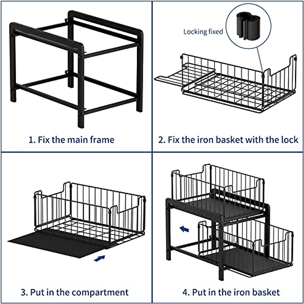 2 Tier Under Sink Organzier, NPPLUS Iron Under Sink Cabinet Organizers With Sliding Drawer, Pull-Out Home Organizer For Bathroom, Kitchen - Black