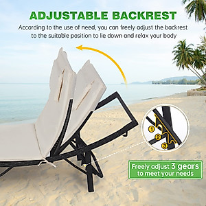 PayLessHere Patio Chaise Lounge Set of 3 Adjustable Back Outdoor Lounge Chair Folding Wicker Recliner Chair 2 Pieces Outside Chairs with Folding Table and Khaki Cushioned for Poolside Deck Lawn Beach