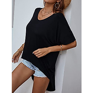 Verdusa Women's Half Sleeve Scoop Neck High Low Long Tee Top Oversized T Shirts Black XL