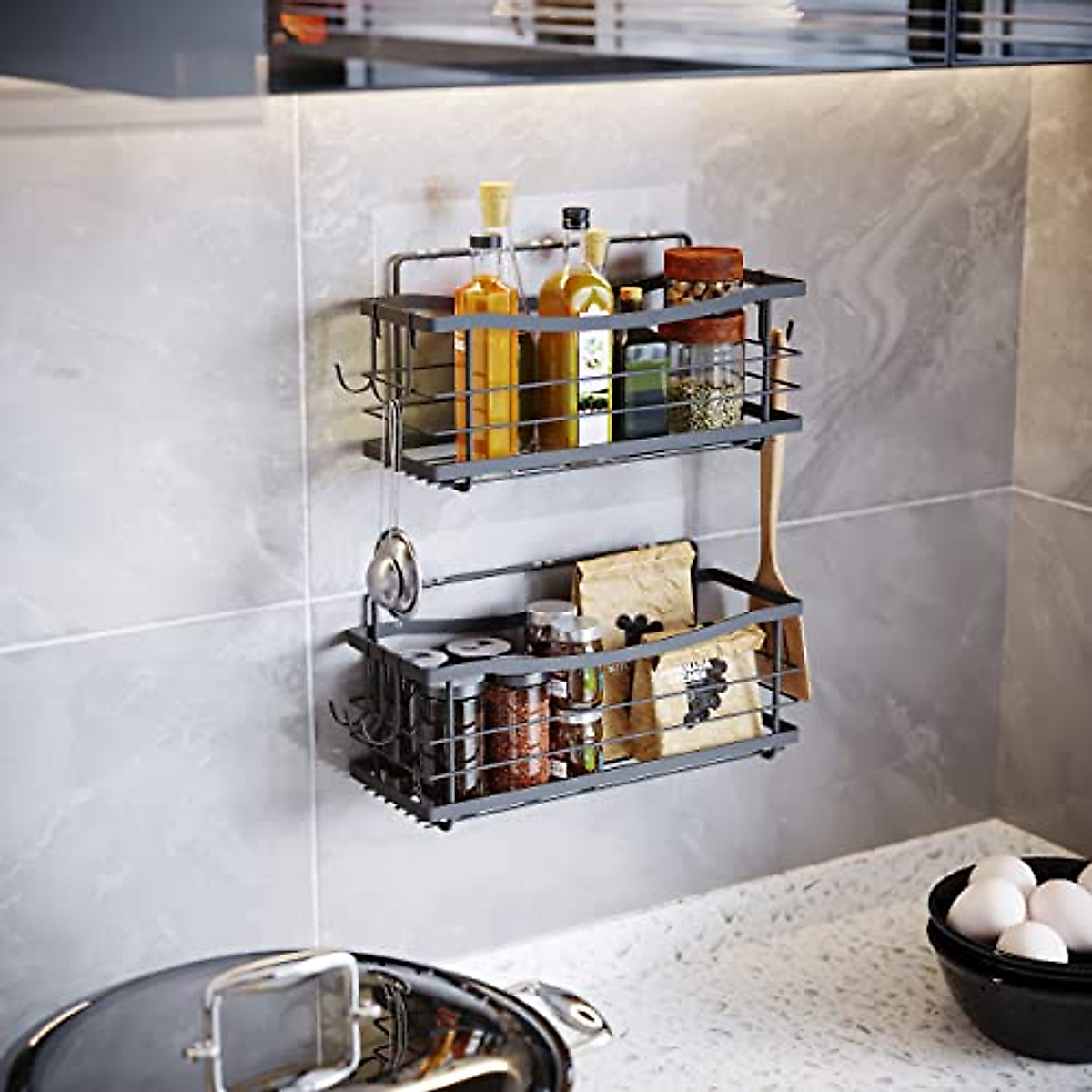 Virgorack Stainless Steel Adhesive Shower Caddy, Bathroom Basket Shelf with Soap and Toothbrush Holder, Wall Mounted No Drilling Storage Organizer Racks with Hooks (Black 4 Pack)