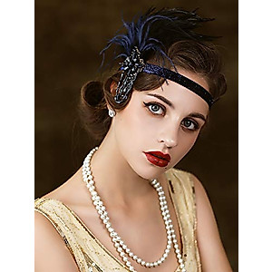 SWEETV Feather Flapper Headpiece Navy, Rhinestone Feather 1920s Headband, the Great Gatsby Hair Accessories