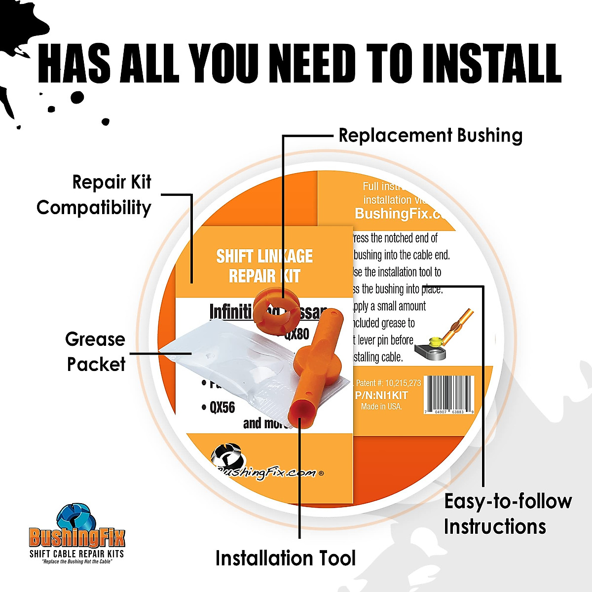BushingFix NI1KIT - Transmission Shift Cable Bushing Repair Kit - Automatic Transmission Linkage Repair Kit, Transmission Repair Kit, Shifter Cable Bushing Fix, Shift Linkage Bushing Replacement