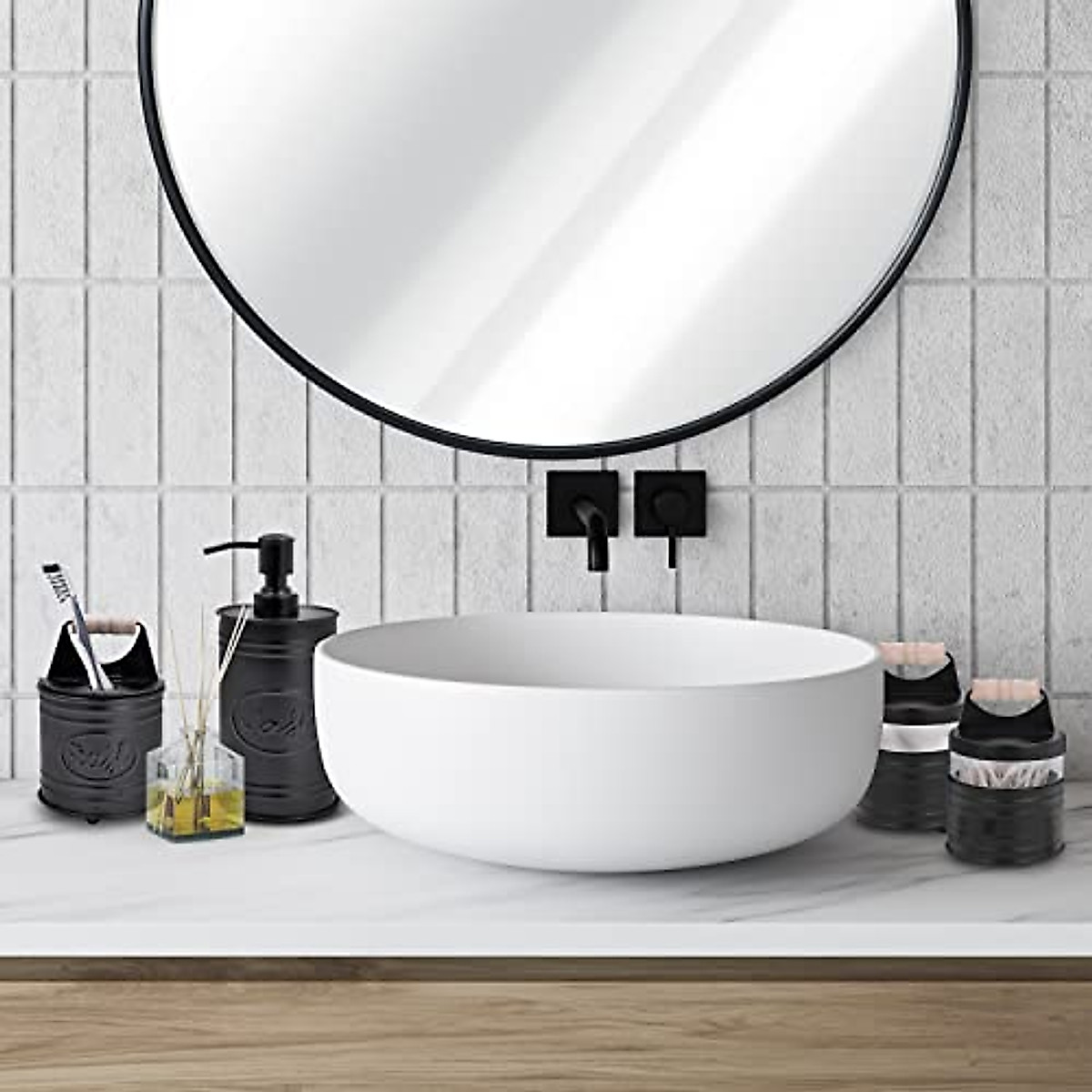 Autumn Alley Rustic Farmhouse Black Bathroom Accessories Set (4 PCS) - Lotion Soap Dispenser, Toothbrush Holder, 2 Apothecary Jars (Qtip Holder) - Rustic Farmhouse Bathroom Decor