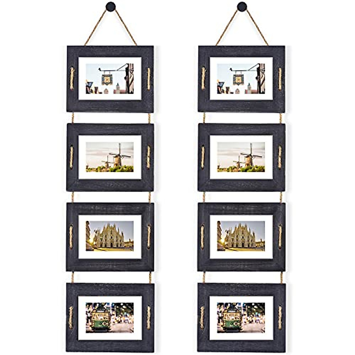 DLQuarts 5x7 Hanging Picture Frames Collage Wall Decor, 4-Frame Set, 3.5x5 with Mat or 5x7 Without Mat, Rustic Solid Wood Photo Frame Pack of 2 Weathered Black