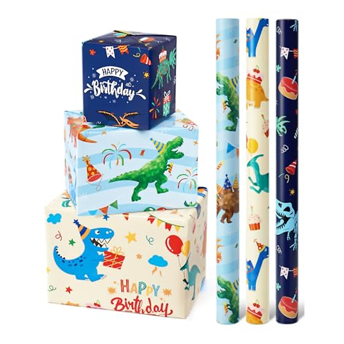 Dinosaur Wrapping Paper Rolls - 3 Rolls 17” x 120” Happy Birthday Wrapping Paper Kids Wrapping Paper Rolls Boy Dinosaur Gift Wrap Paper Dinosaur Party Favor Happy Bday Wrap with Cutting Line on Back